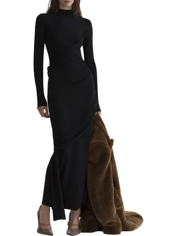 MUGLER Draped Wool-blend Maxi Dress - Black