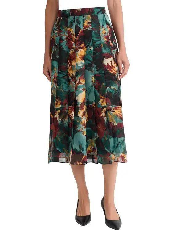 KASPER Pleated Floral Midi Skirt - Evergreen Multi