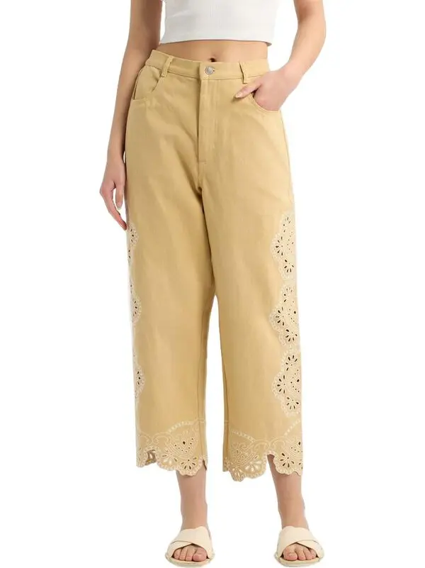 A.REN Jules Eyelet Embroidered Mid Rise Crop Straight Leg Pants - Camel