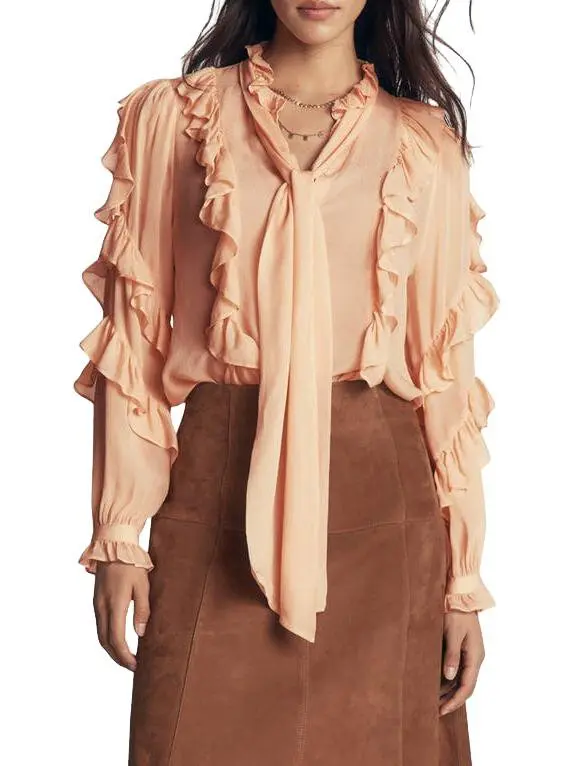 Boden Ruffled Tie Neck Georgette Top - Soft Peach