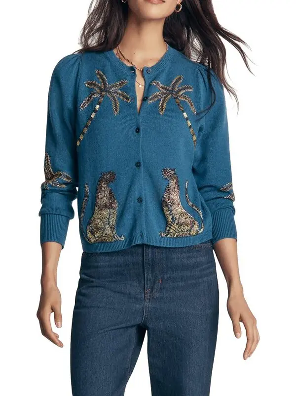 Boden Ria Embellished Cardigan - Blue/palm