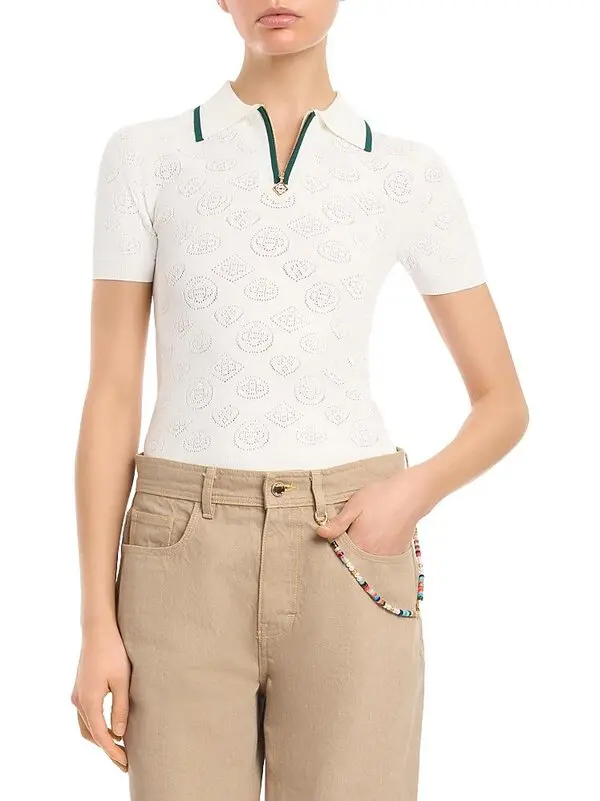 Casablanca Pointelle Monogram Half Zip Polo Shirt - White