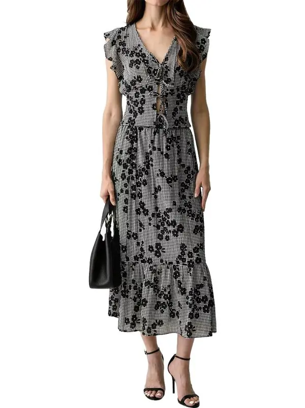 MORGAN Floral-print Gingham Midi Skirt - Black