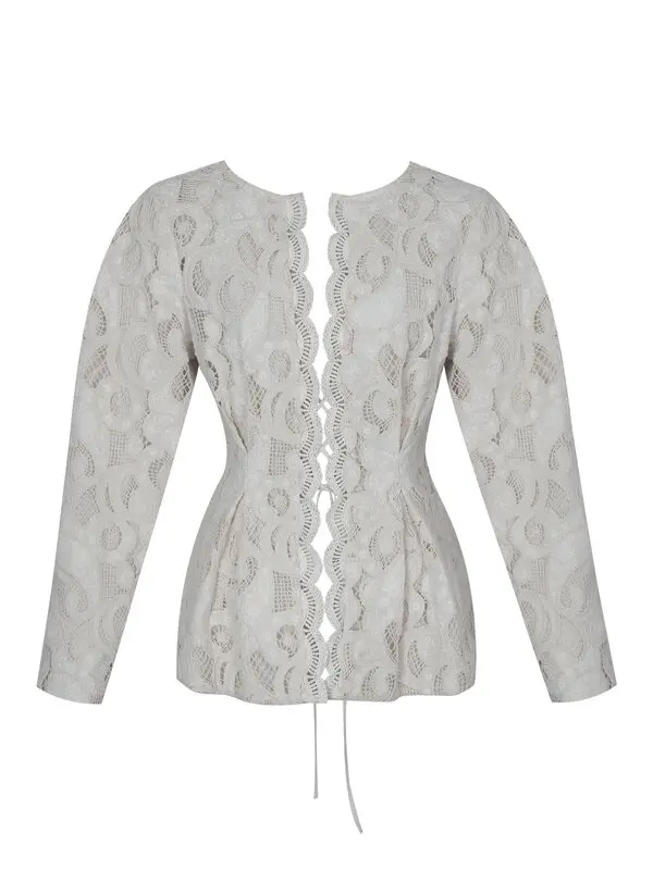 MISS CIRCLE NEW YORK Neutrals Wenley Cotton Lace Puff Sleeve Cinched Top - Beige