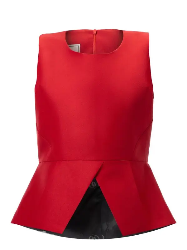 RONDOOZ Hand Painted Satin Peplum Top With Hand Applied Embellishment - Red