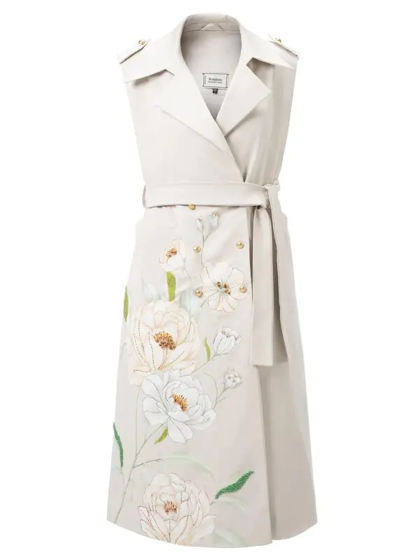 RONDOOZ Hand Painted Water Resistant Cotton Belted Midi Dress With Hand Applied Embellishment - White