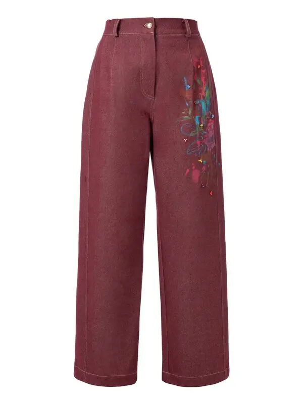 RONDOOZ Hand Painted Denim Straight Leg Trousers With Hand Applied Embellishment - Red