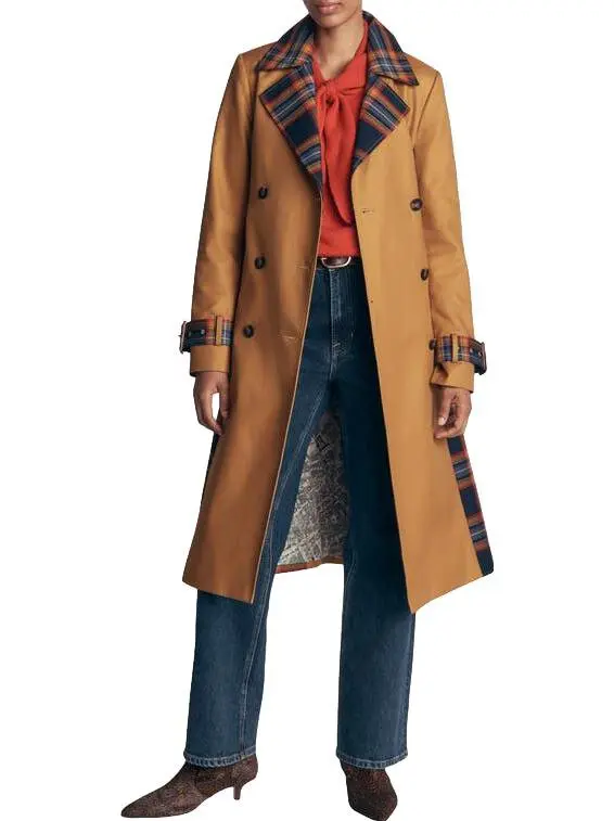 Boden Plaid Accent Double Breasted Cotton Trench Coat - Camel