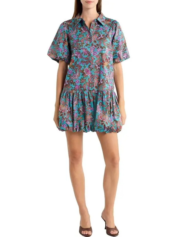 SUGARLIPS Staci Floral Bubble Hem Cotton Dress - Teal Multi