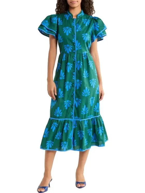 SUGARLIPS Davie Floral Print Midi Dress - Emerald-multi