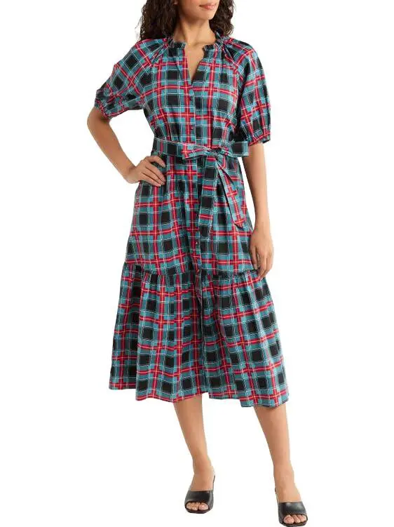SUGARLIPS Wynette Plaid Tiered Cotton Midi Shirtdress - Multi-plaid