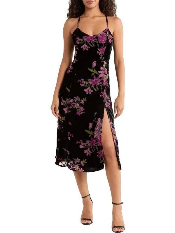 SUGARLIPS Sylvia Floral Midnight Velvet Midi Dress - Black-multi