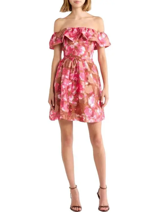 SUGARLIPS Mersin Floral Print Off The Shoulder Dress - Brown Multi