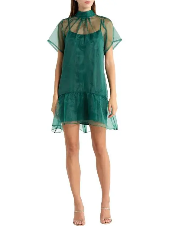 SUGARLIPS Berny Mock Neck Organza Minidress - Emerald