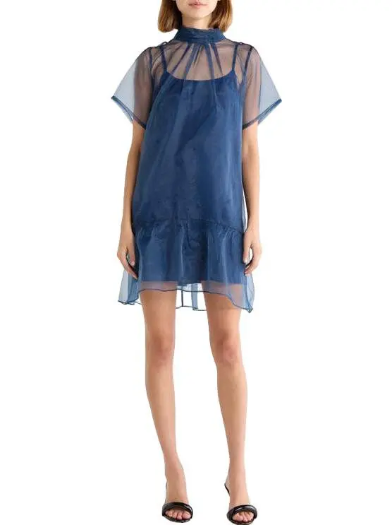 SUGARLIPS Berny Mock Neck Organza Minidress - Navy