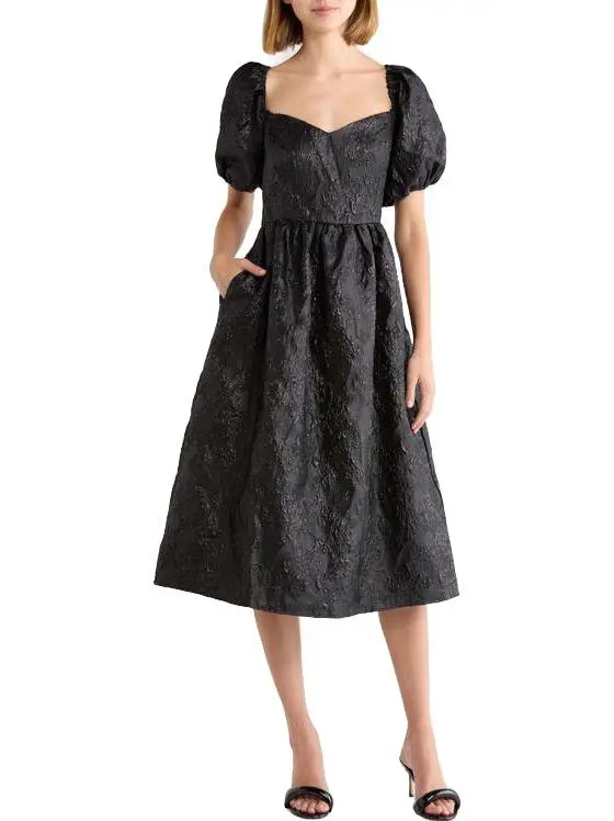 SUGARLIPS Metallic Floral Jacquard Puff Sleeve Dress - Black