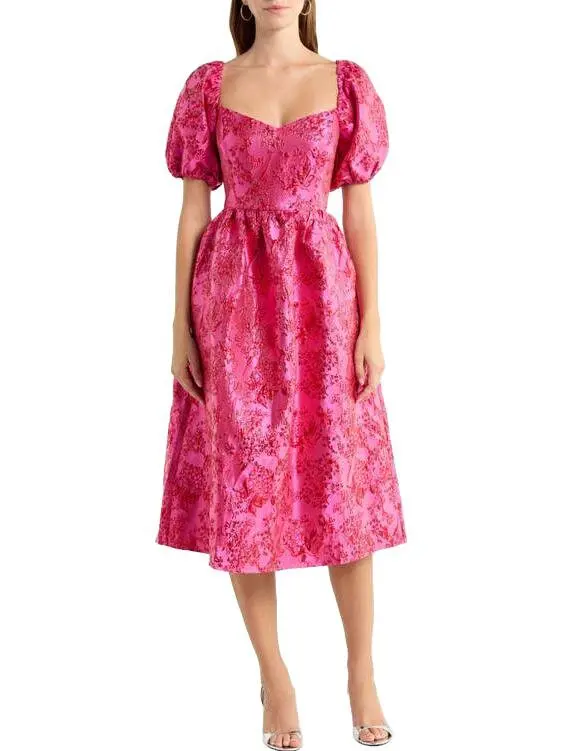 SUGARLIPS Metallic Floral Jacquard Puff Sleeve Dress - Fuchsia