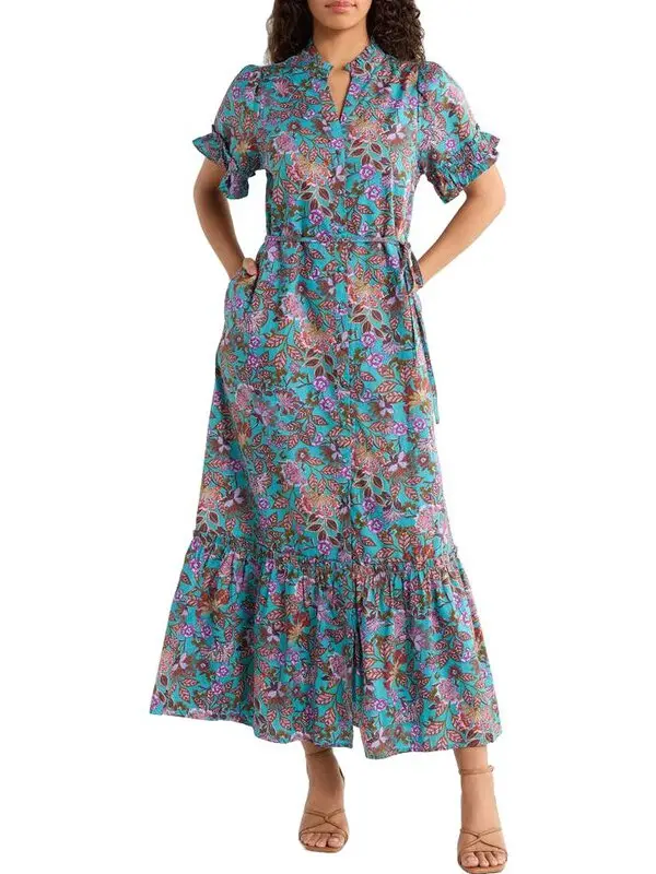 SUGARLIPS Alna Button Up Midi Dress - Teal Multi