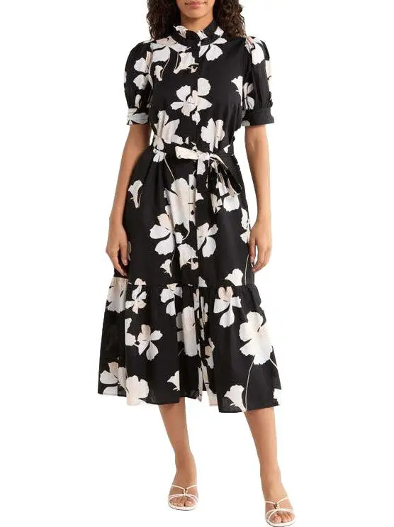 SUGARLIPS Medina Floral Giles Button-up Cotton Midi Shirtdress - Black Grey