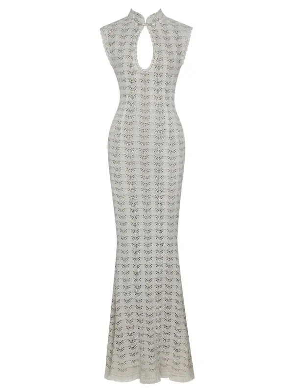 MISS CIRCLE NEW YORK Neutrals Xylona Beige & Gold Crochet Teardrop Neckline Mermaid Maxi Dress - Beige/yellow