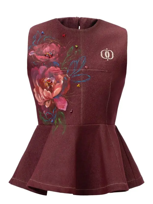 RONDOOZ Hand Painted Denim Peplum Top With Hand Applied Embellishment - Red