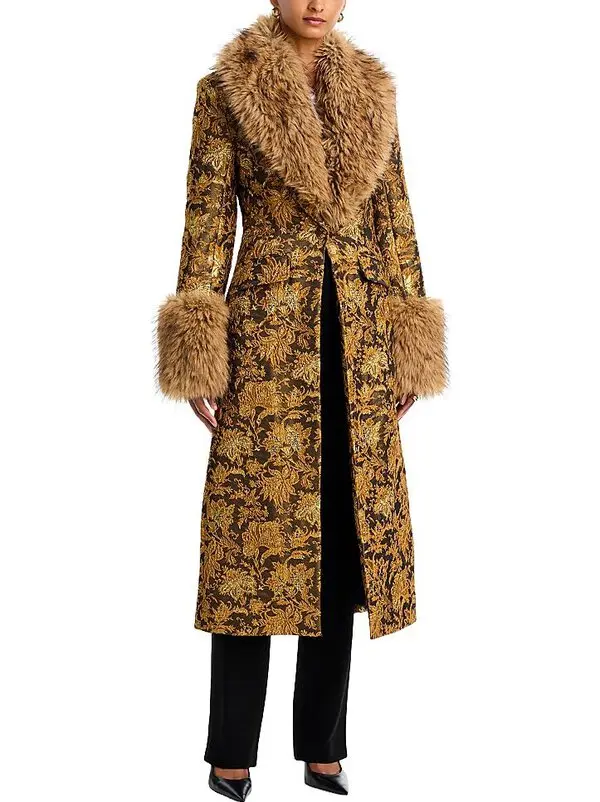 Cinq À Sept Ivella Faux Fur Trim Jacquard Coat - Gold