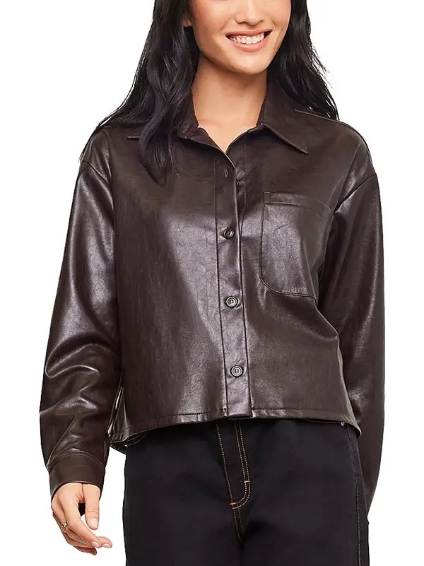 Karen Kane Faux Leather Cropped Shirt - Chocolate