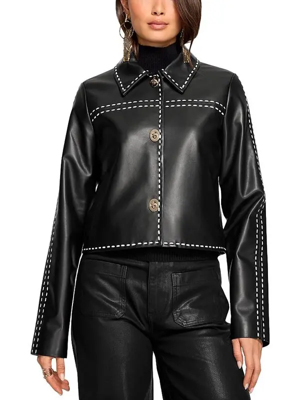Ramy Brook Mira Leather Contrast Stitch Jacket - Black