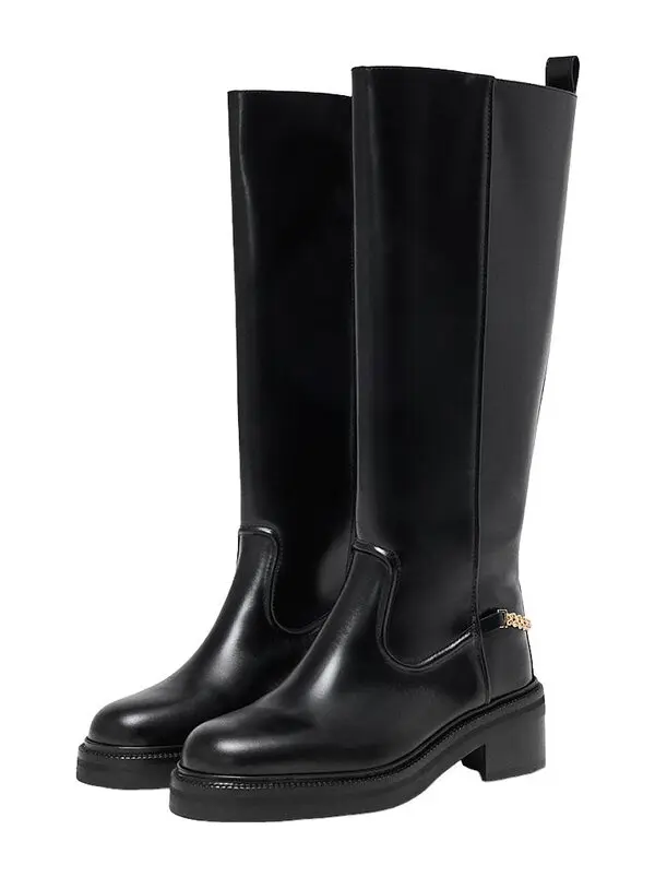 Maje Leather Chain Knee High Boots - Black