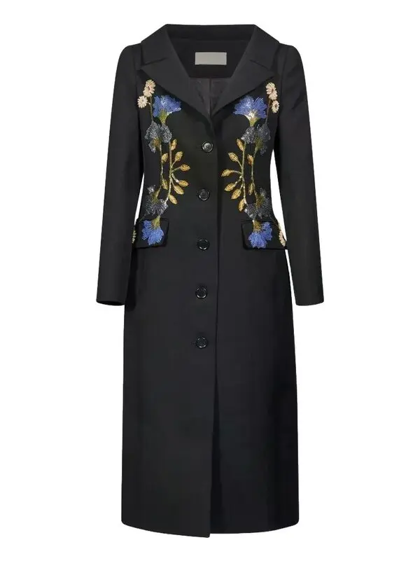 Elie Saab Floral-embroidered Single-breasted Coat - Black