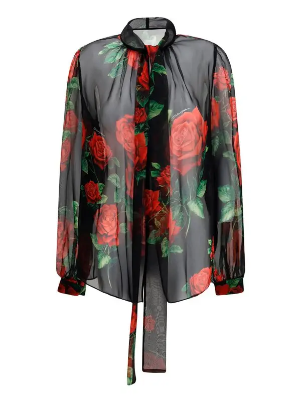Dolce & Gabbana Rose Print Chiffon Blouse - Black