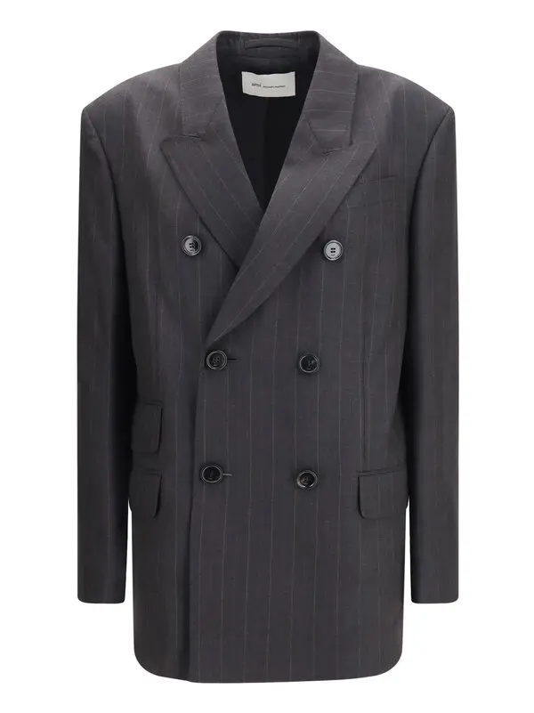 AMI Paris Striped Wool Double Breasted Blazer - Grey