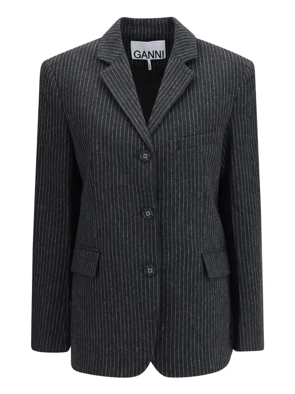 GANNI Pinstripe Wool Blazer - Grey