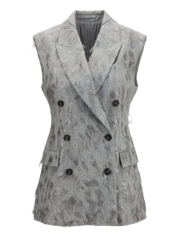 Brunello Cucinelli Gilet In Virgin Wool And Cashmere Twill Flannel With Dazzling Lynx Embroidery - Grey