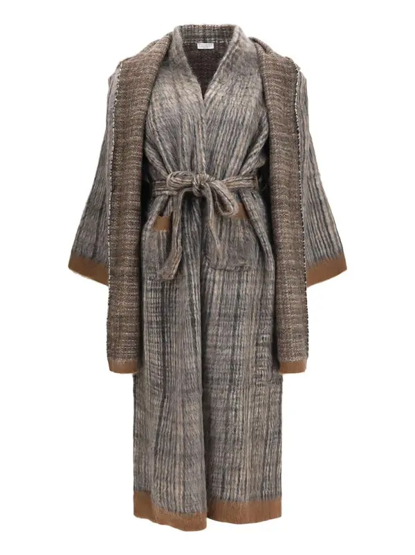 Brunello Cucinelli Prince Of Wales Double-knit Ohair And Wool Coat With Scarf Feale - Brown