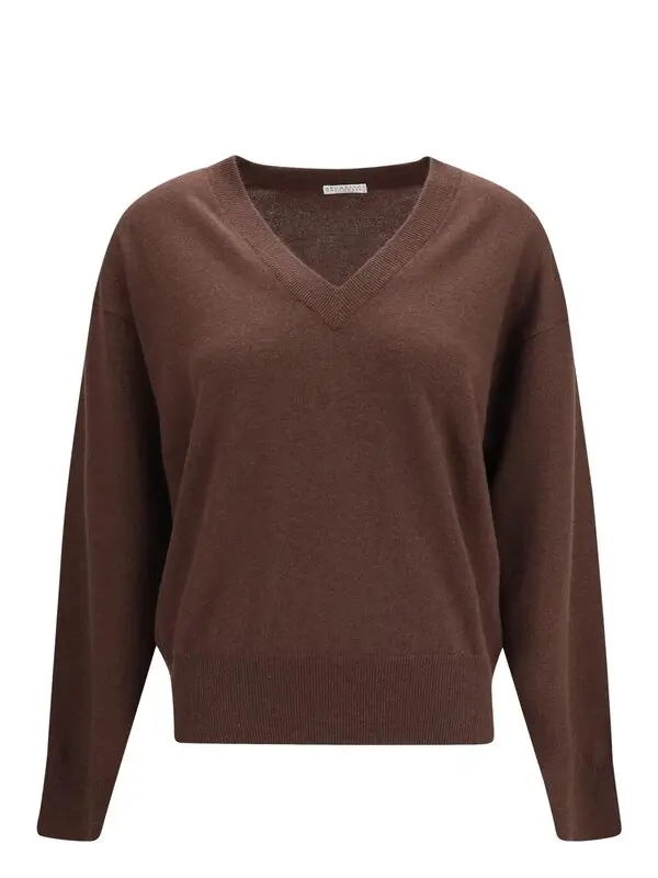 Brunello Cucinelli V-neck Cahmere Weater - Brown