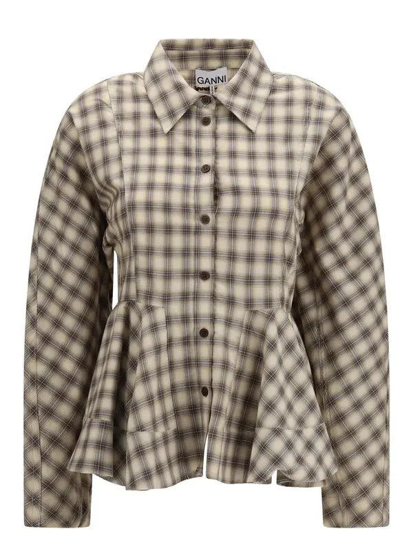 GANNI Check Flannel Peplum Shirt - Beige