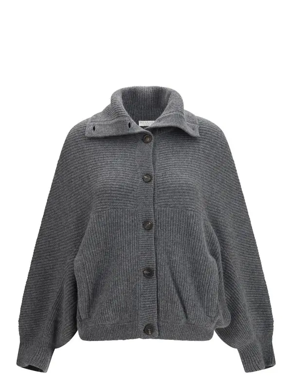 Brunello Cucinelli High Neck Cashmere Cardigan Femae - Grey