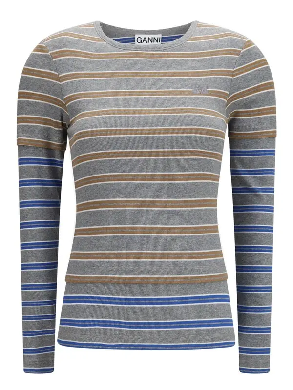 GANNI Double-sleeve Striped Cotton T-shirt Feale - Grey