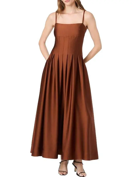 French Connection Pleated Sleeveless Satin Maxi Dress - Chestnut Brown