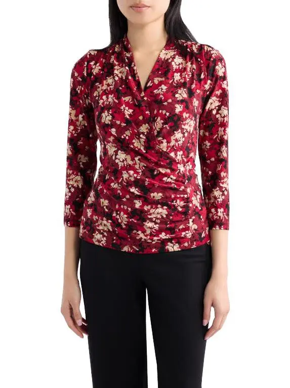 Anne Klein Print Faux Wrap Top - Titian Red Multi