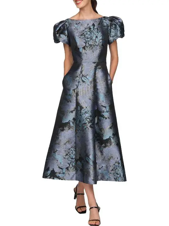 KAY UNGER Jennifer Metallic Puff Sleeve Tea Length Dress - Chambray Multi
