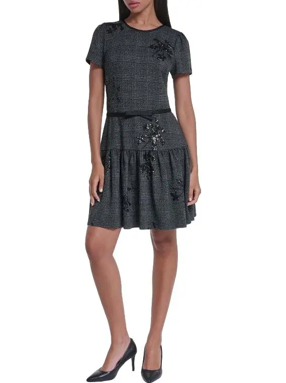 Karl Lagerfeld Paris Plaid Sequin Ponte Minidress - Black Multi