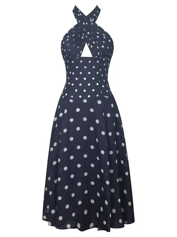 MISS CIRCLE NEW YORK Nuri Navy Polka Dot Ramie Crossover Halter A-line Midi Dress - Blue