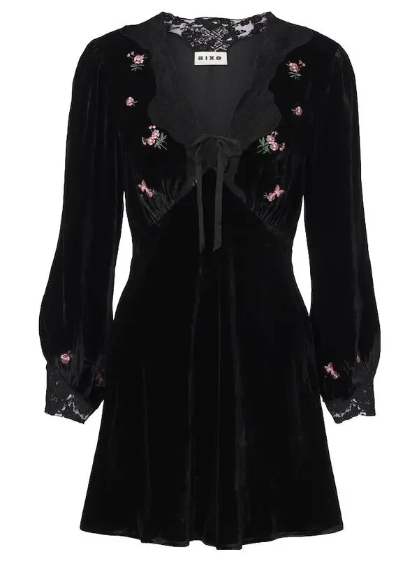 Rixo Carolina Lace-trimmed Velvet Minidress - Black