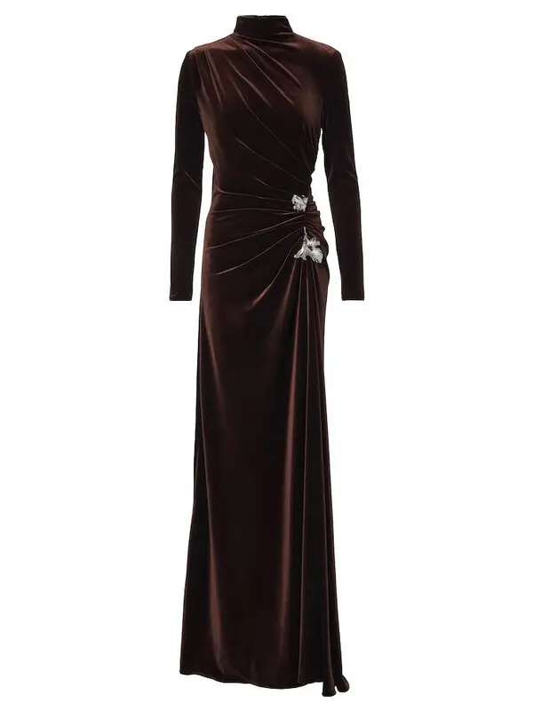 Monique Lhuillier Draped Embellished Velvet Gown - Brown