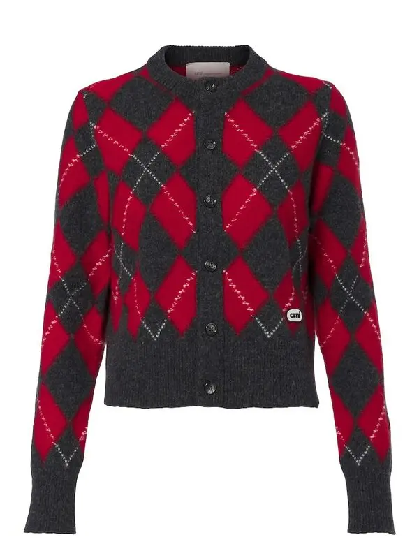 AMI Paris Argyle Virgin Wool Cardigan - Grey