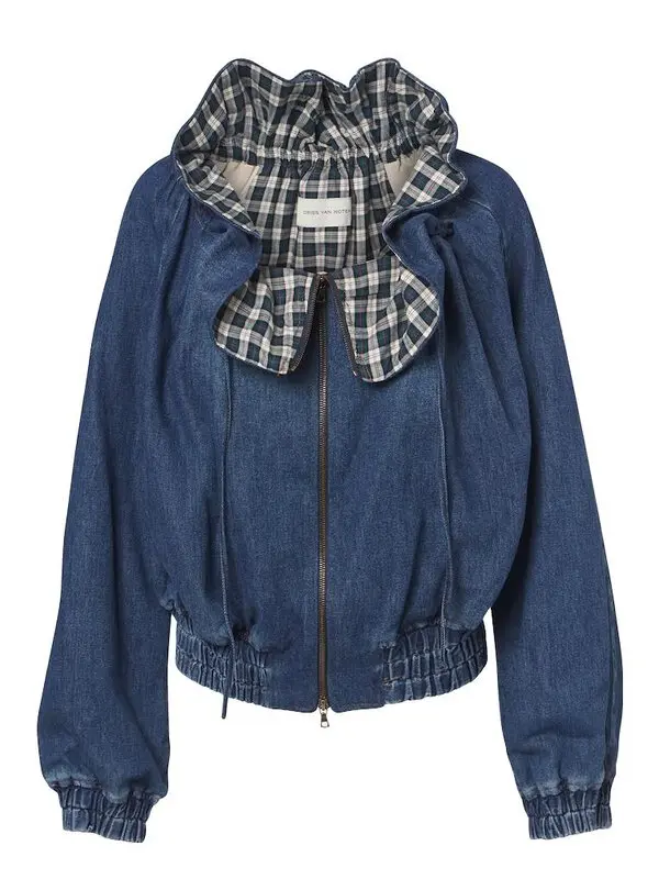 Dries Van Noten Checked Ruffled Denim Jacket - Blue
