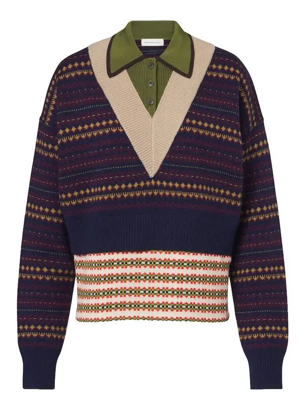 Dries Van Noten Jacquard Wool-blend Polo Sweater - Multicoloured