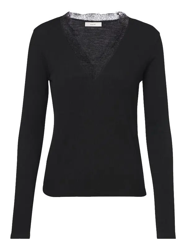 Vince Lace-trimmed Ribbed-knit Top - Black